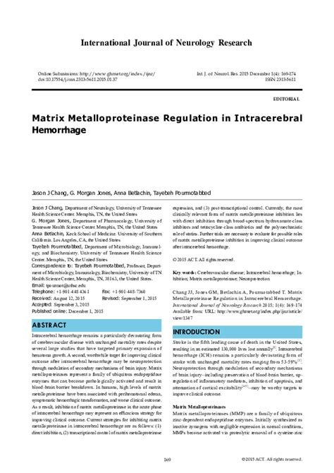 Pdf Matrix Metalloproteinase Regulation In Intracerebral Hemorrhage