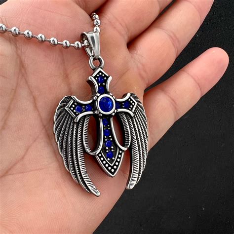 ᐉ Хрестик з крилами і синіми каменями з медичної сталі Psc 052 • Краща ціна в Києві Україні