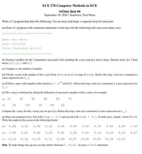 Ece 270 Computer Methods In Ece Inclass Quiz 4