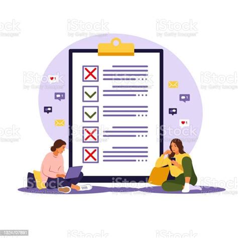 고객 만족도 조사 진드기와 십자가종이 있는 종이 조각 작은 사람들 문자는 양식을 작성합니다 벡터 그림입니다 플랫 스타일 채움에 대한 스톡 벡터 아트 및 기타 이미지 Istock