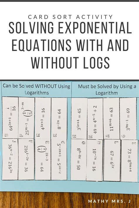Solve Exponential Equations With And Without Logarithms Card Sort Activity Exponential