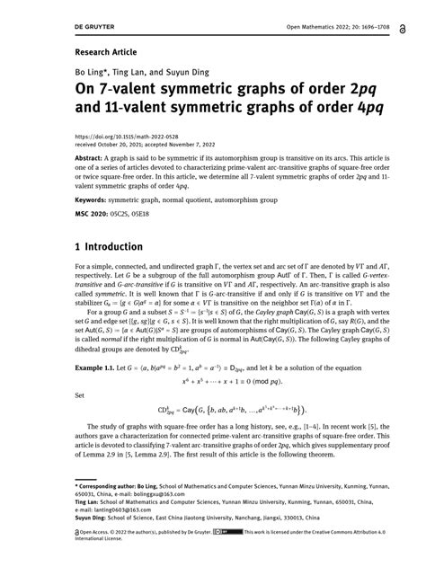 Pdf On 7 Valent Symmetric Graphs Of Order 2pq And 11 Valent Symmetric Graphs Of Order 4pq