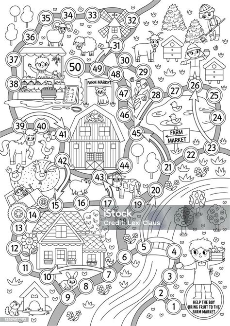 마을지도를 가진 아이들을위한 농장 흑백 주사위 보드 게임 개요 시골 풍경 보드 게임 아이들을위한 시골 시골 색칠 페이지 농부가 농장 시장에 과일을 가져다 줄 수 있도록