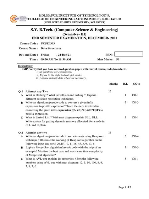 S Y B Tech Computer Science And Engineering End Semester Examination December 2021 Pdf