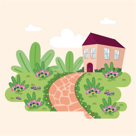 Flat Style Cute Garden With A House Building Vector Stock Vector Illustration Of Grass Green