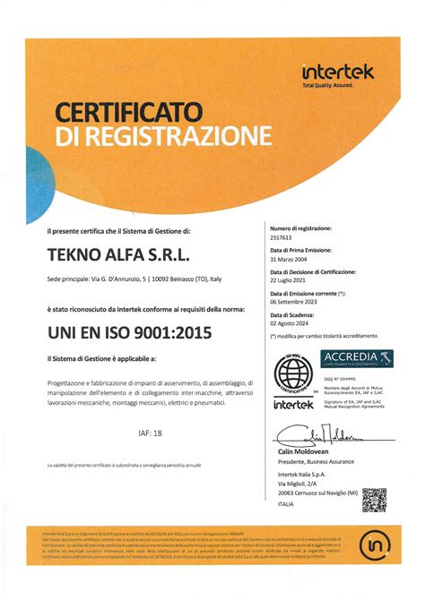 Tekno Alfa Iso 9001 Certificate Intertek • Teknoalfa