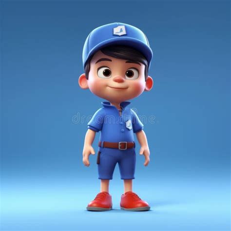 Pixar Style 3d Cartoon Character With Blue Uniform Hat Stock