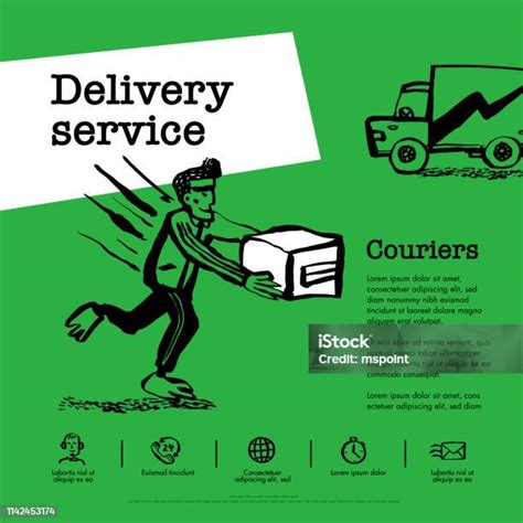배달 서비스 개념입니다 녹색 배경에 상자를 나눠 배달 남자와 웹 배너입니다 낙서 잉크 스타일 벡터 일러스트 레이 션입니다 개념에