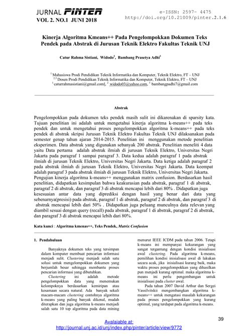 Pdf Kinerja Algoritma Kmeans Pada Pengelompokkan Dokumen Teks Pendek Pada Abstrak Di Jurusan