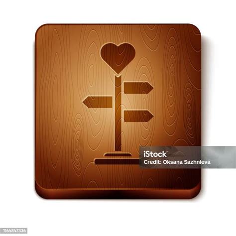 갈색 도로 교통 표지판입니다 흰색 배경에 격리 된 심장 아이콘이있는 표지판 격리 된 거리 정보 기호입니다 방향 기호입니다 나무 사각형 버튼입니다 벡터 일러스트레이션 간판에