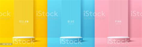 세로 텍스처 배경이 있는 옐로우 블루 핑크 의 현실적인 3d 실린더 받침대 연단 세트 추상 벡터 렌더링 기하학적 형태입니다 파스텔 최소 장면 무대 쇼케이스 제품 디스플레이