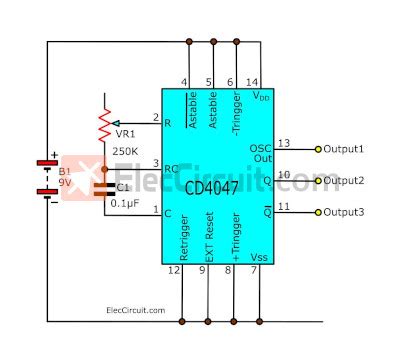 Simple astable multivibrator circuit using CD4047 Cmos