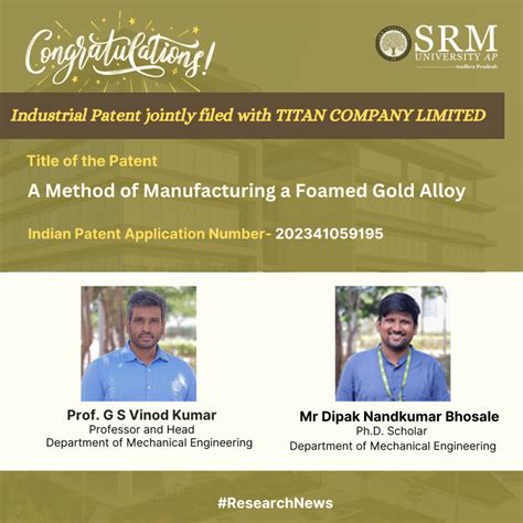 Srm Ap And Titan Company Limited Jointly Filed An Industrial Patent Srm University Ap Andhra