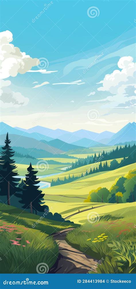 Vibrant Cartoon Valley Landscape Illustration With Pastel Colors Stock