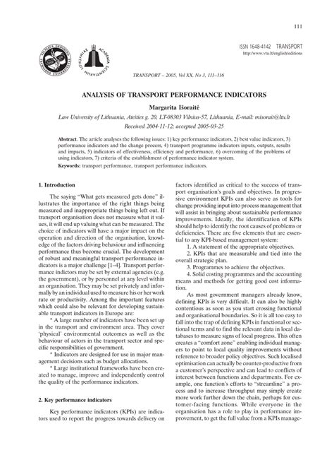 Pdf Analysis Of Transport Performance Indicators