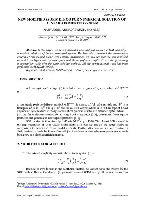 Pdf New Modified Ssor Method For Numerical Solution Of Linear Augmented System