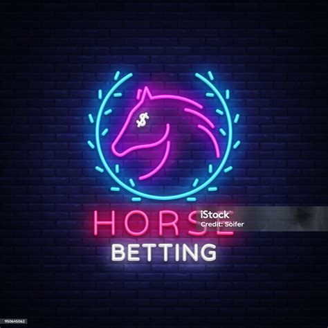 말 내기 네온 사인 벡터입니다 네온 스타일 디자인 서식 파일에에서 베팅 하는 말 말 레이싱 기호 아이콘 상징입니다 라이트 배너 밝은 밤 광고 벡터 일러스트 레이 션 네온에