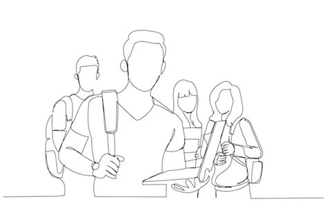 Desenho De Jovens Estudantes Do Sexo Masculino Com Laptop E Amigos Arte