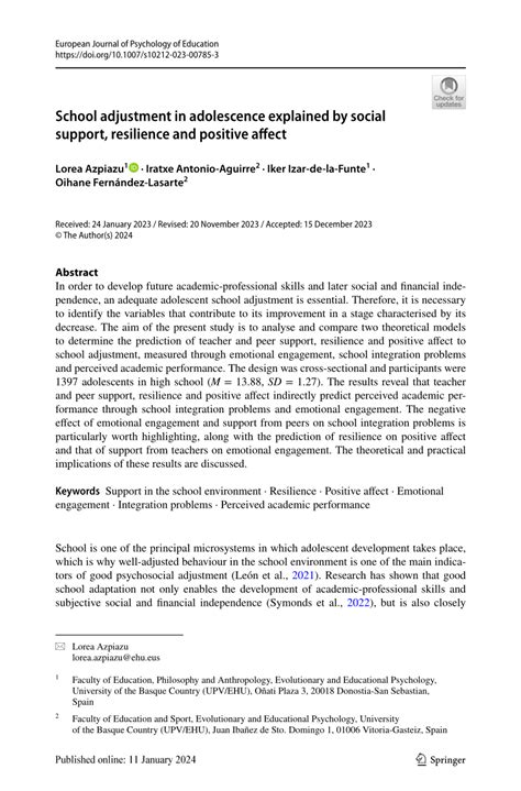 Pdf School Adjustment In Adolescence Explained By Social Support Resilience And Positive Affect