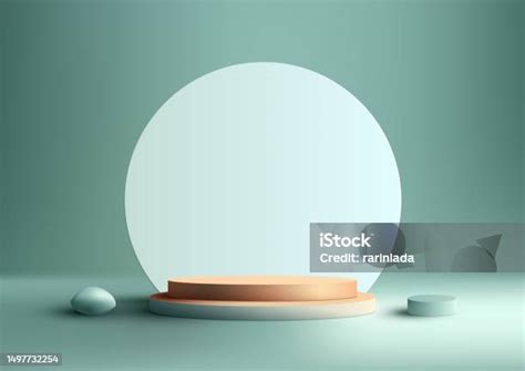 3d 현실적인 빈 녹색 연단은 녹색 배경에 바위와 기하학적 요소가 있는 원형 배경 장식이 있습니다 0명에 대한 스톡 벡터 아트
