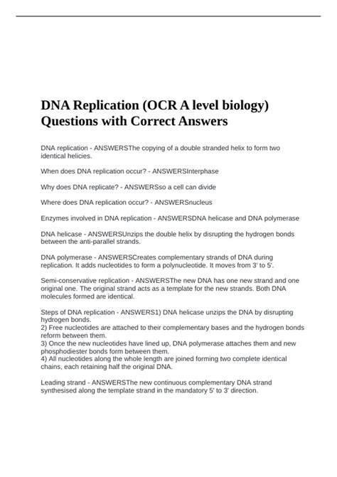 Dna Replication Ocr A Level Biology Questions With Correct Answers Dna Replication Stuvia Us