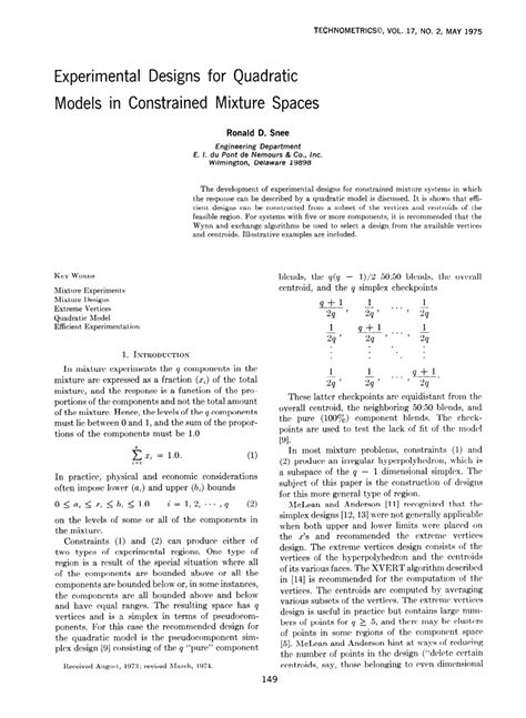 pdf experimental designs for quadratic models in constrained mixture