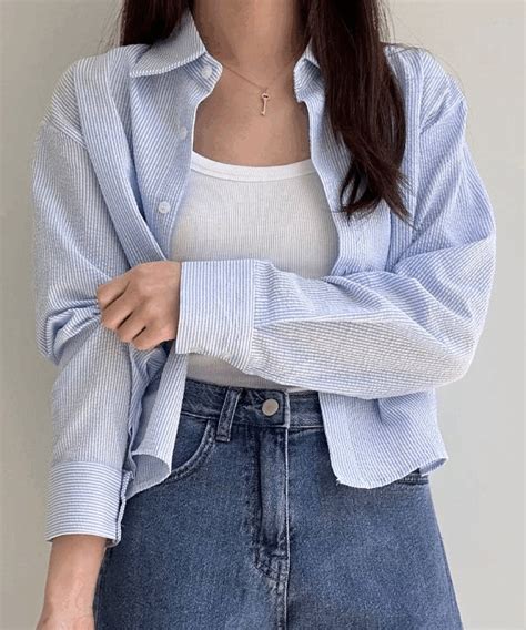 여름필수템🐋커버업 시어서커 스트라이프 크롭 여름 셔츠 남방 2color 에이블리