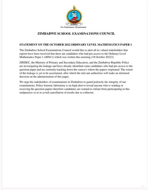 Zimsec O Level Maths Paper 1 Leaks Zimbabwe Situation