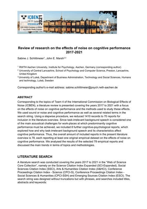Pdf Review Of Research On The Effects Of Noise On Cognitive Performance 2017 2021 Literature