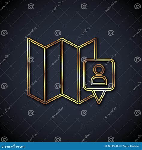 Gold Line Folded Map With Location Marker Icon Isolated On Black Background Vector Stock Vector