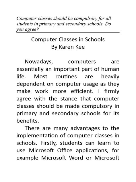 Computer Classes Should Be Compulsory For All Students In Primary And