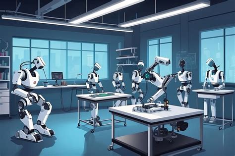 Robotics Lab With Students Developing Robotic Exoskeletons For Medical Applicationsvector Robotics Lab With Students Developing Robotic Exoskeletons For Medical Applicationsvector