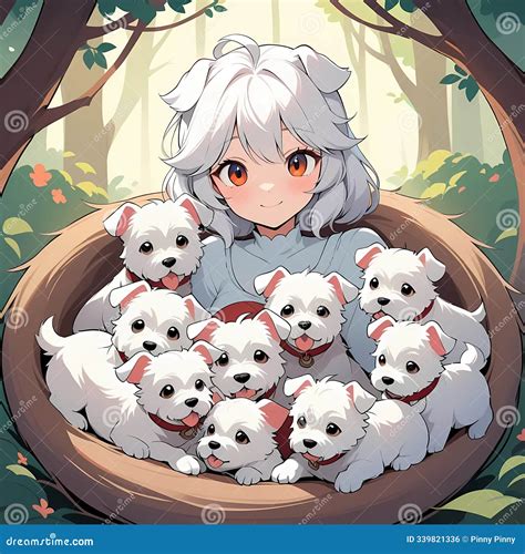 A Cute Anime Girl With The Adorable Puppies Snuggled Together In A