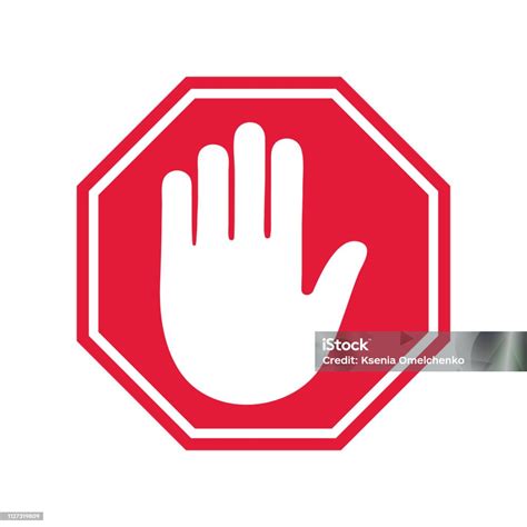 도 표지판을 중지 합니다 경고 아이콘을 금지합니다 빨간 팔각형에 팜 흰색 배경에 고립 손으로로 정지 기호 광택 효과입니다 과시함에 대한 스톡 벡터 아트 및 기타 이미지