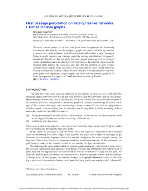Pdf First Passage Percolation On Locally Treelike Networks I Dense