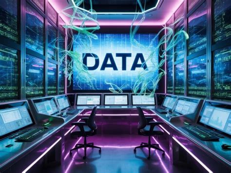 modern data center control room with neon lights and screens displaying