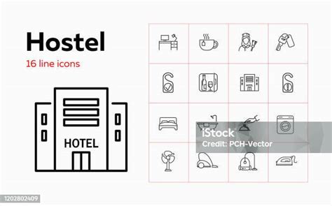 호스텔 라인 아이콘 세트입니다 문 표지판 호텔 건물 수영장 접수원 가정의 방에 대한 스톡 벡터 아트 및 기타 이미지 가정의 방 개념 관광 Istock