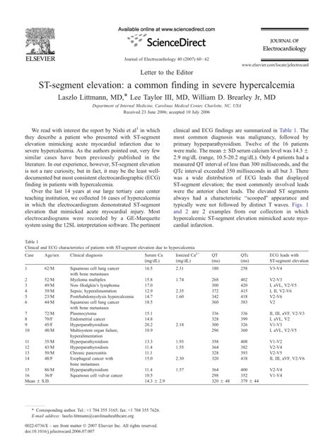 Pdf St Segment Elevation A Common Finding In Severe Hypercalcemia Pdf St Segment Elevation A Common Finding In Severe Hypercalcemia