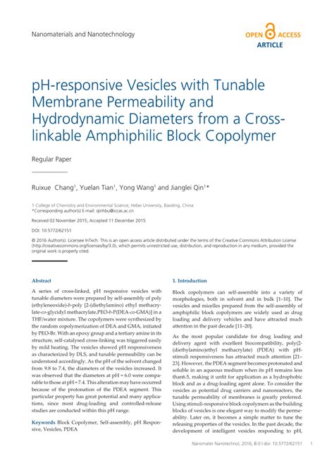 Pdf Ph Responsive Vesicles With Tunable Membrane Permeability And Hydrodynamic Diameters From