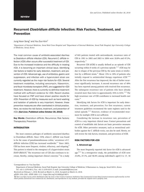 Pdf Recurrent Clostridium Difficile Infection Risk Factors Treatment And Prevention