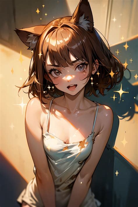 고양이 귀와 흰색 드레스를 입고 벤치에 앉아 있는 애니메이션 소녀 Seaart Ai