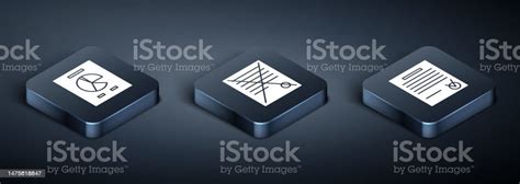 set isometric document with graph chart confirmed document and check
