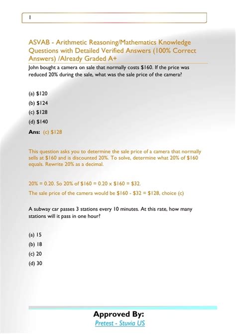 Asvab Arithmetic Reasoningmathematics Knowledge Questions With Detailed Verified Answers 100