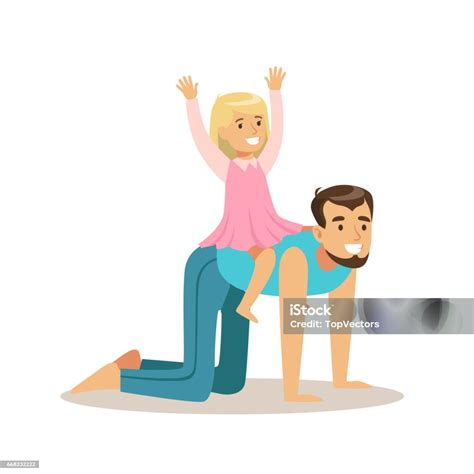 작은 소녀 승마 그녀의 아빠 Ike 말 사랑하는 아버지는 행복한 아이와 좋은 품질의 아빠 시간을 즐기고 가족에 대한 스톡 벡터 아트 및 기타 이미지 Istock