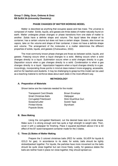 Phase Changes OF Matter Working Model Group 7 Oblig Ocon Ordonez Onez BS SciEd 2A Studocu