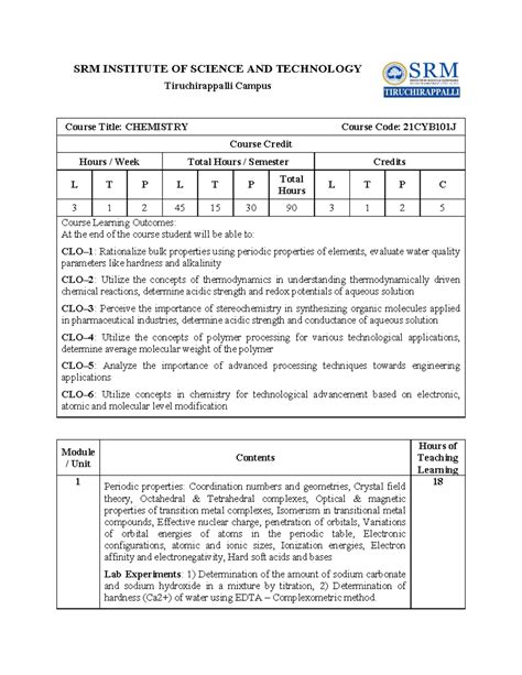 Chemistry Syllabus 🖕🖕🖕🖕🖕🖕 Srm Institute Of Science And Technology