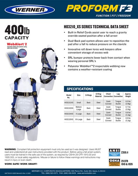 Werner H03210xxs Proform Construction Harness Tongue Buckle Legs