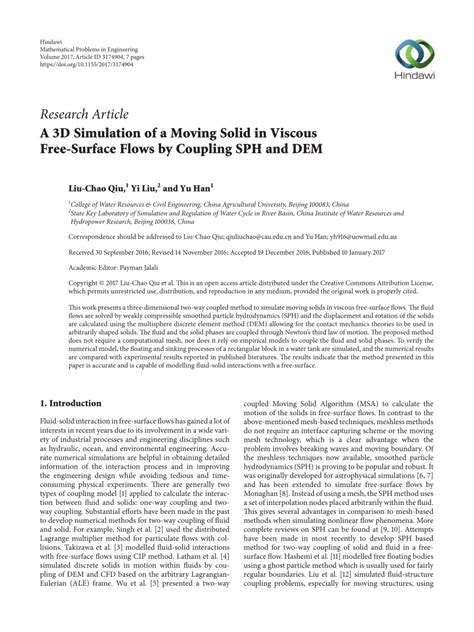 Pdf A 3d Simulation Of A Moving Solid In Viscous Free Surface Flows By Coupling Sph And Dem