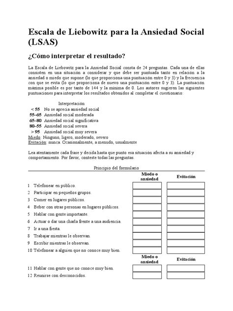 Interpretación De La Escala De Liebowitz Lsas Pdf Ansiedad
