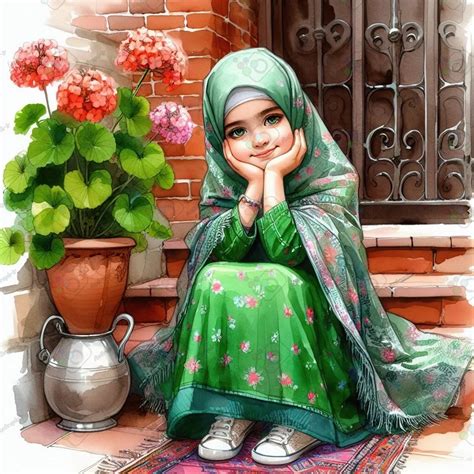 بک گراند دختر کوچولوی با حجاب نشسته روی پله کد 41758ویژه عکس گراف